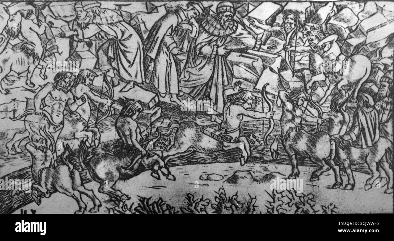 The Centaurs, engraving by Italian artist Baccio Baldini, 15th century ...