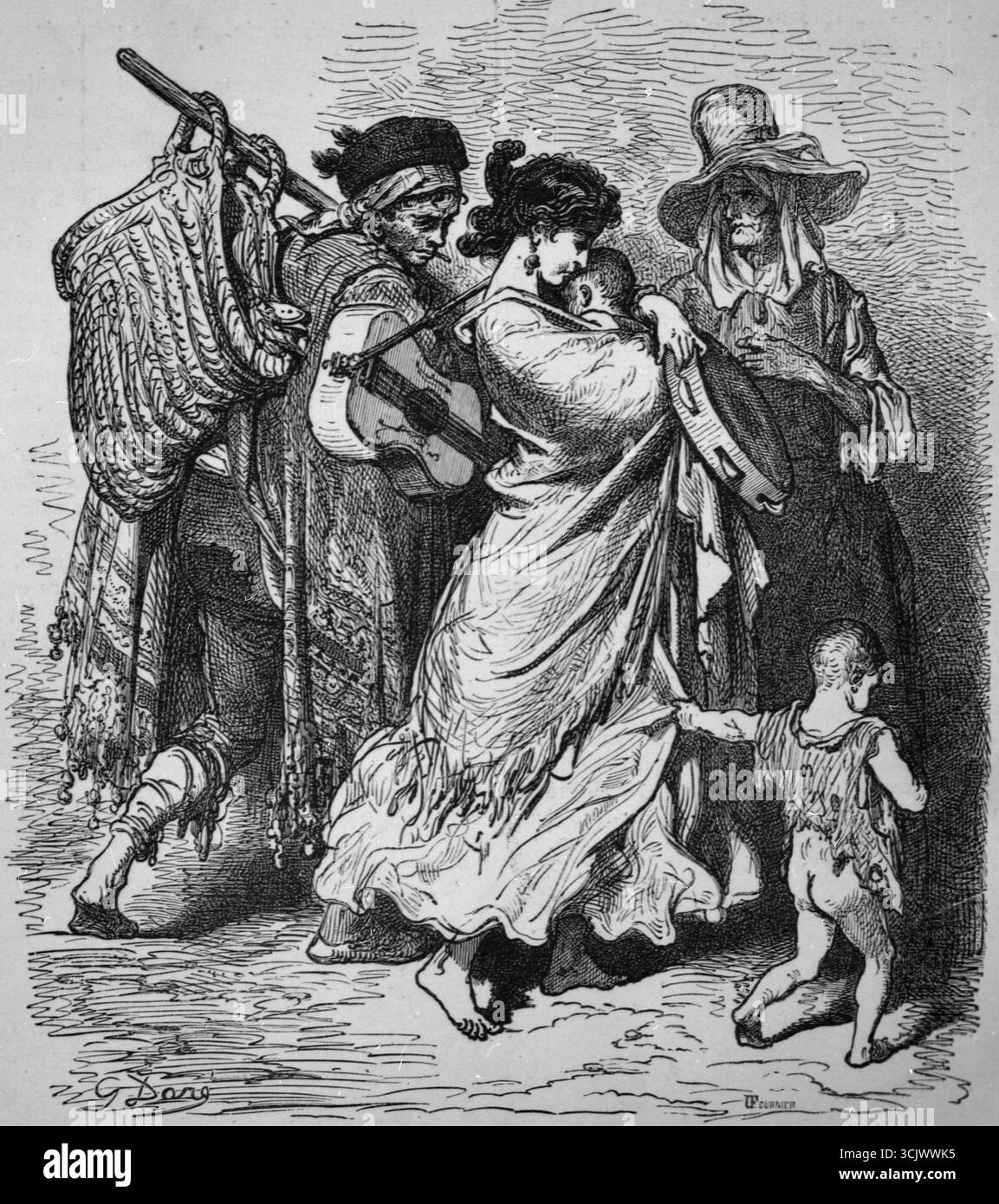Gypsy family of musicians, Spain illustrated by French artist Gustave ...