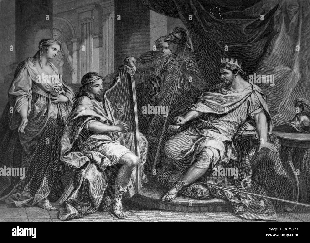 David calming down King Saul playing harp, illustration from the Bible ...