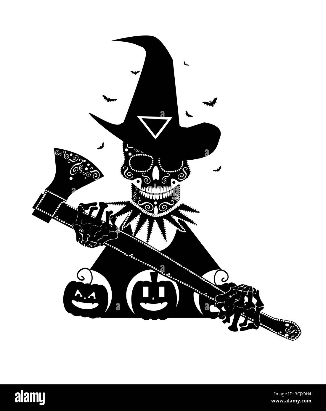 Halloween Skull Witch with Axe. A black and white illustration features ...