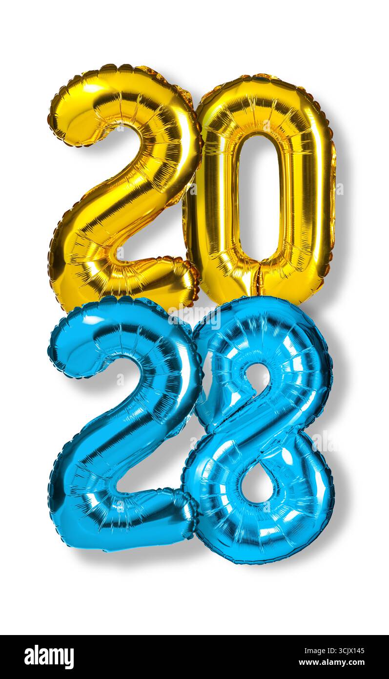Festive 2028 Number Balloons Golden and Blue Celebration on White ...