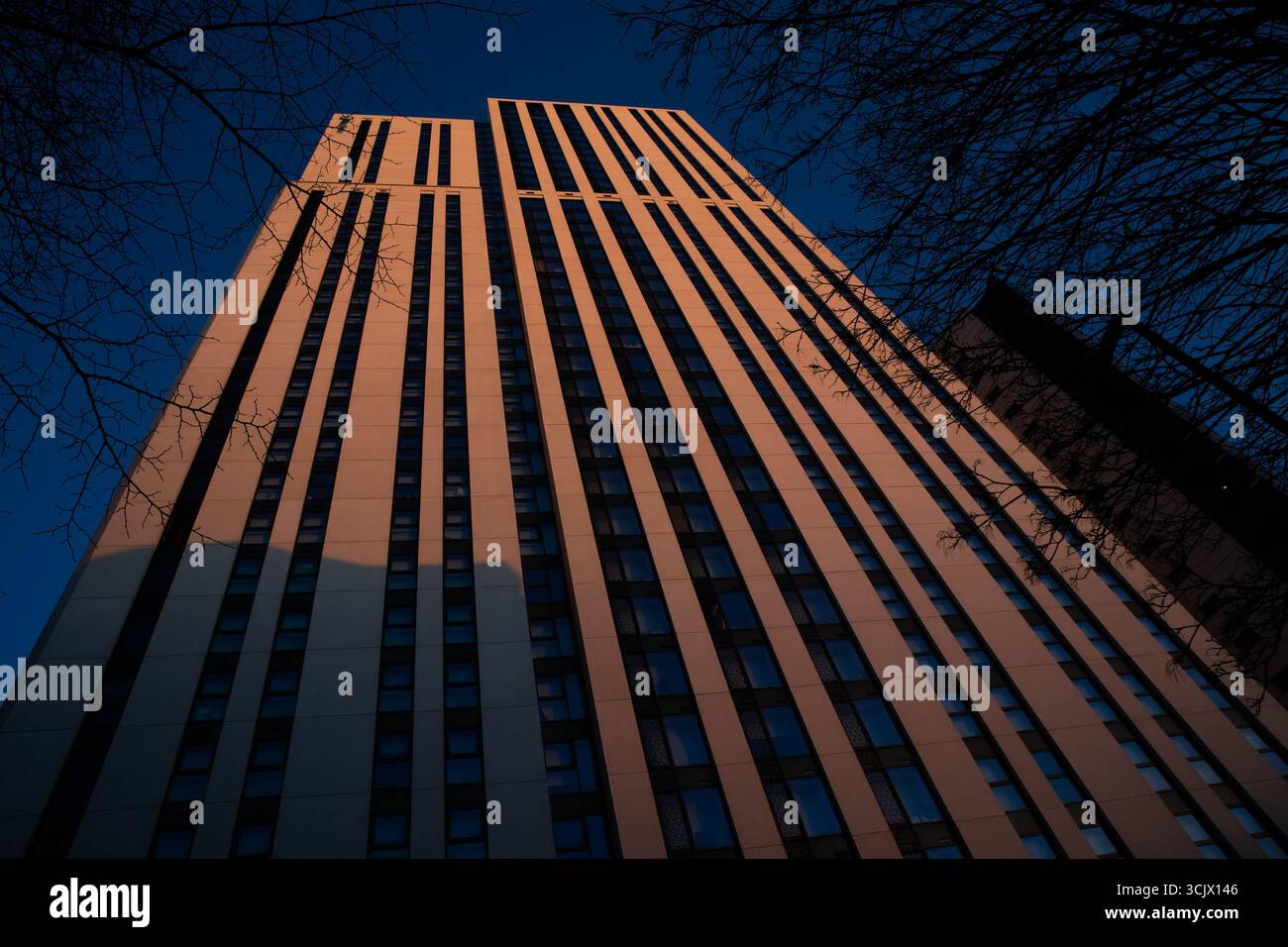 High rise building in morning light with deep blue sky Stock Photo - Alamy