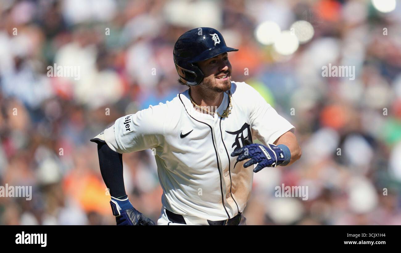 Detroit Tigers third base Zach McKinstry runs to first base against the ...