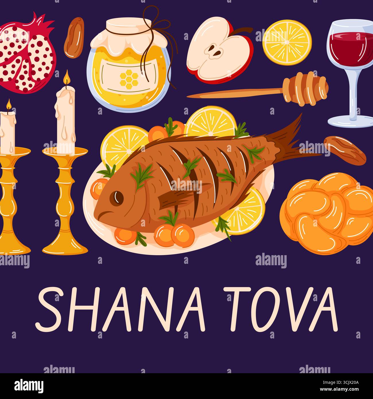 Shana Tova greeting card with traditional Rosh Hashanah holiday symbol ...
