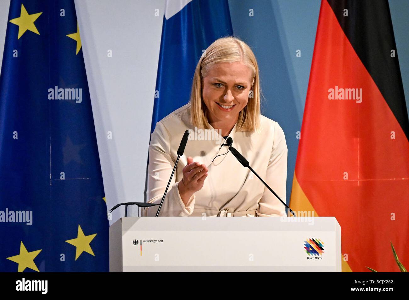 Finland's Foreign Minister Elina Valtonen addresses attendees at the ...
