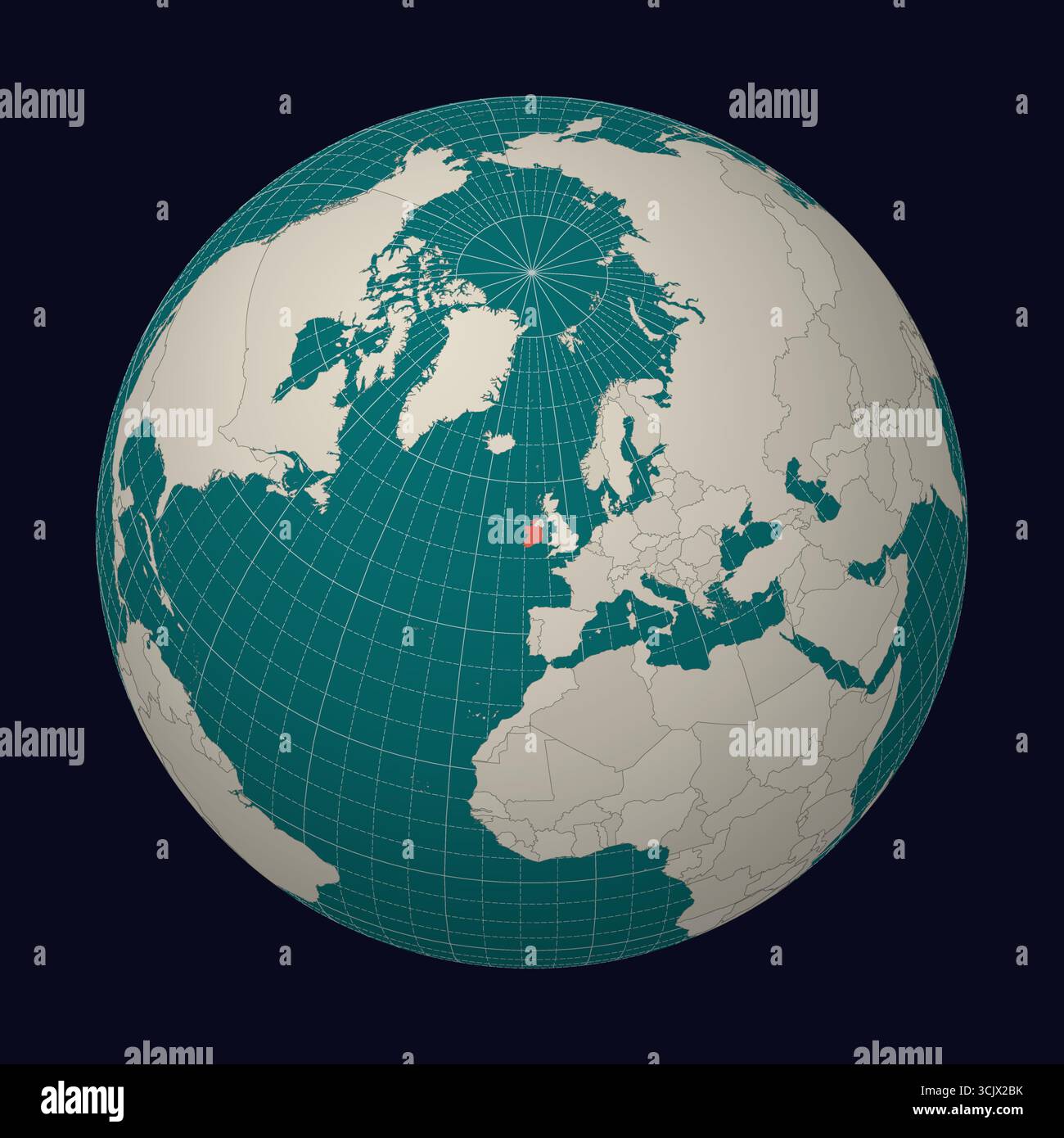 Ireland on the map. Globe centered on Ireland. Country location on the ...