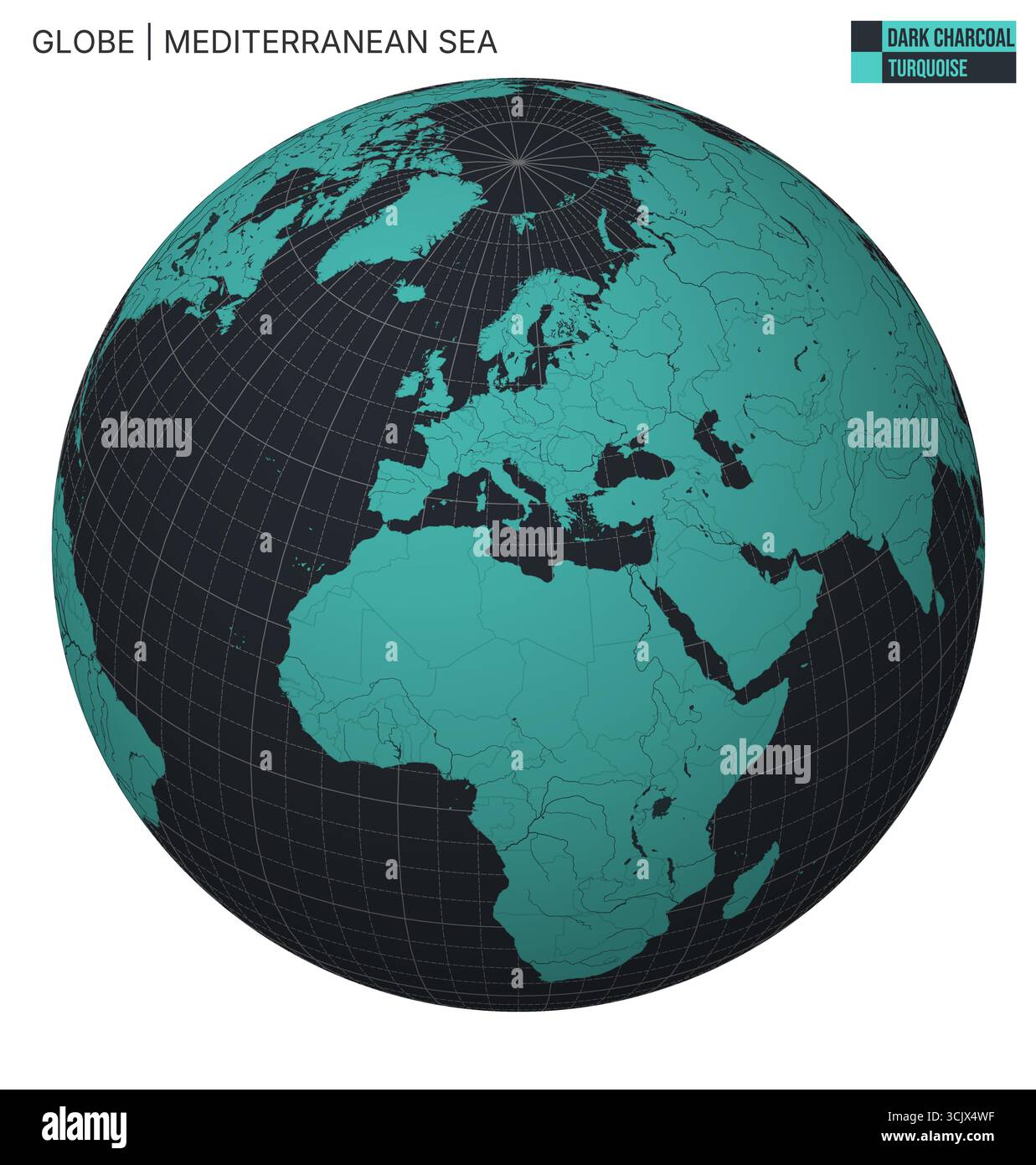 Vector globe centered on the Mediterranean Sea. Dark charcoal turquoise ...