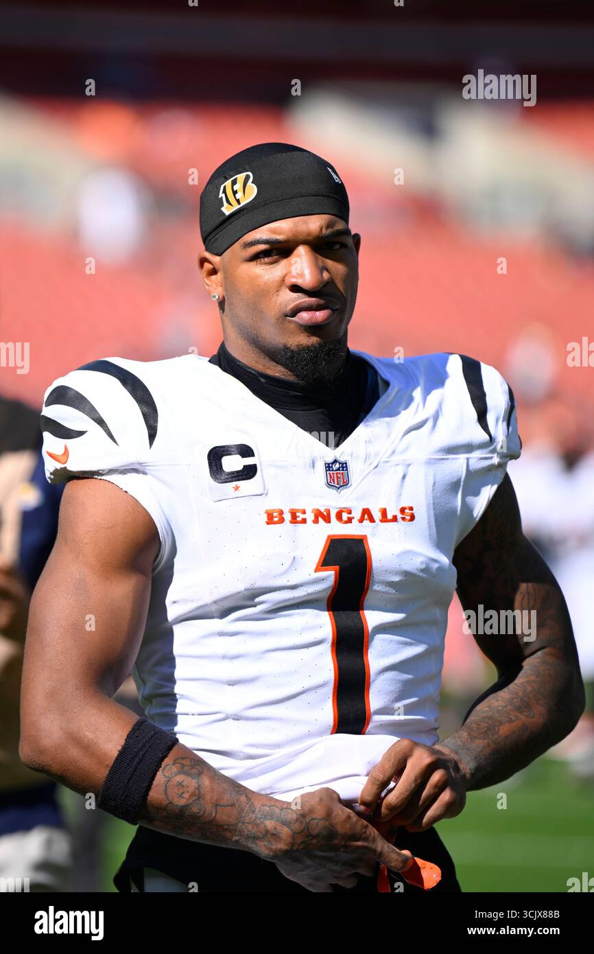 Cincinnati Bengals wide receiver Ja'Marr Chase (1) walks off the field ...