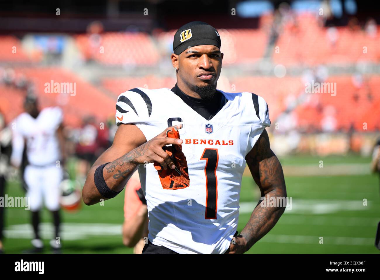Cincinnati Bengals wide receiver Ja'Marr Chase (1) walks off the field ...