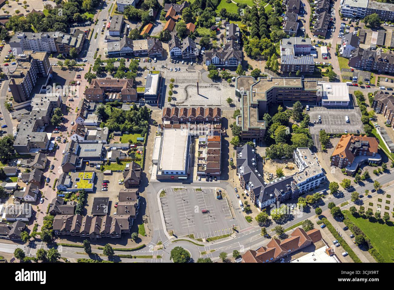 Aerial view, Town hall and town hall square, Market square and shops ...