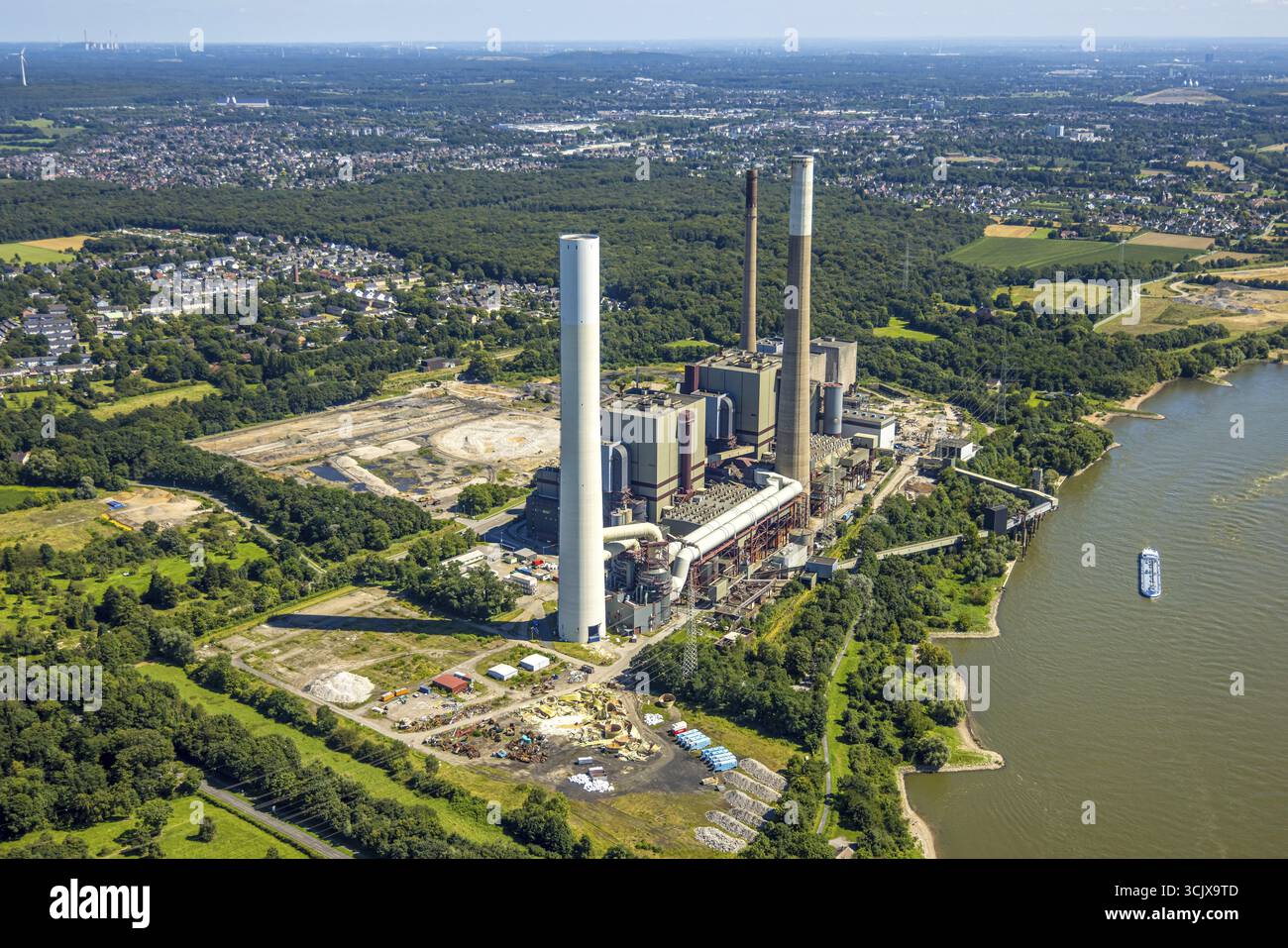 Aerial view, Voerde power plant on the river Rhine, three chimneys ...