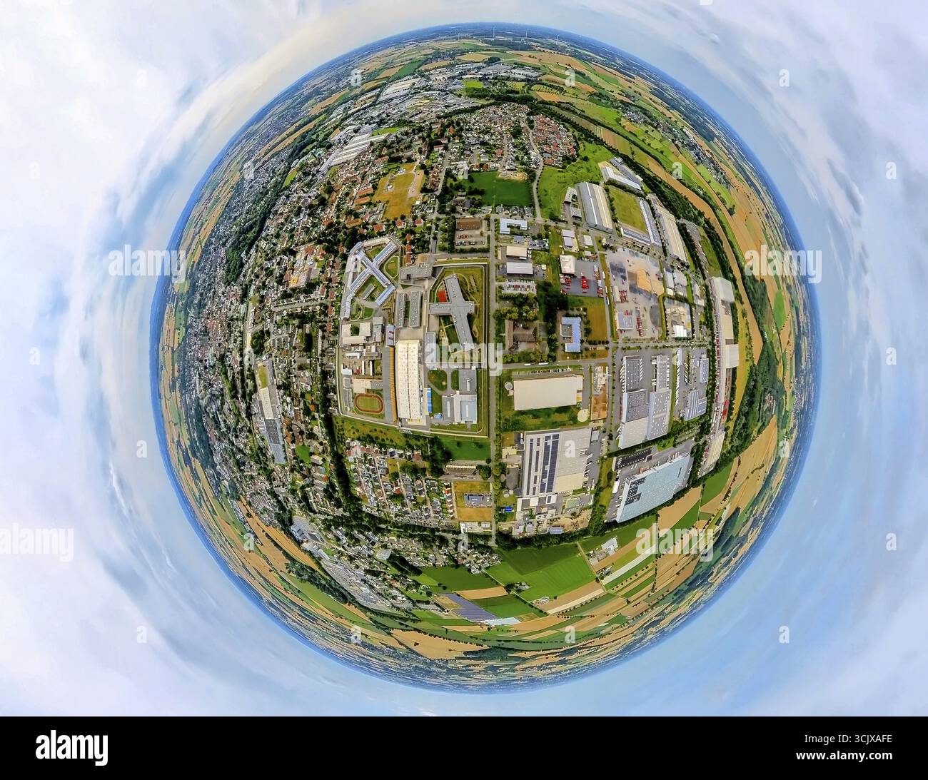 Aerial view, Werl correctional facility (JVA) prison, commercial area ...