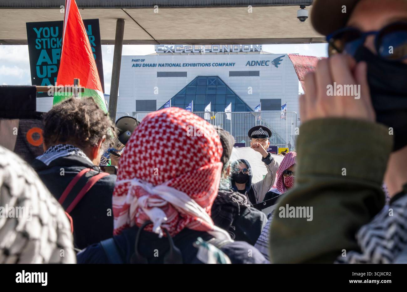 Demonstrators at a protest at the Defence and Security Equipment ...