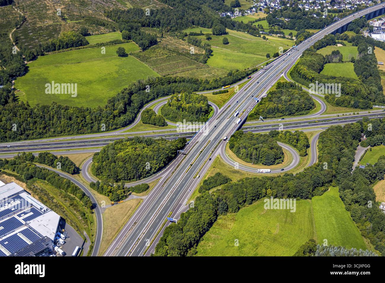 Aerial view of the motorway junction Olpe, motorway junction Wenden ...
