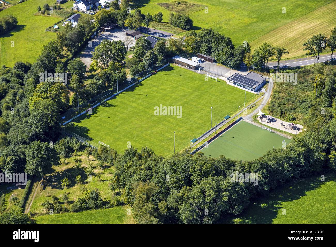Aerial photo, football stadium sports field SV Gruen-Weiss Elben 1990 e ...