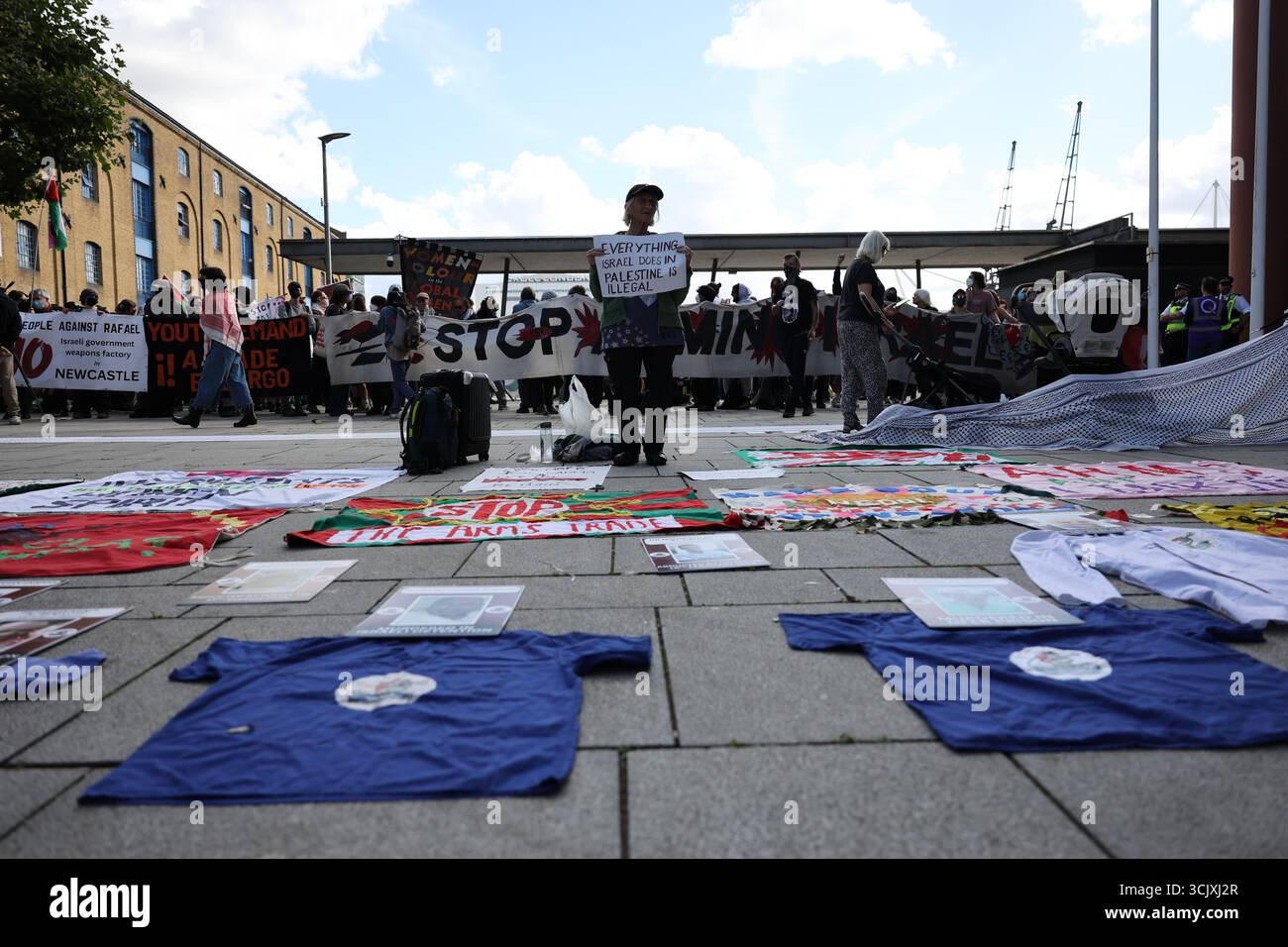 LONDON, UK - 09 Sep 2025: Activists protest outside the ExCeL Centre in ...