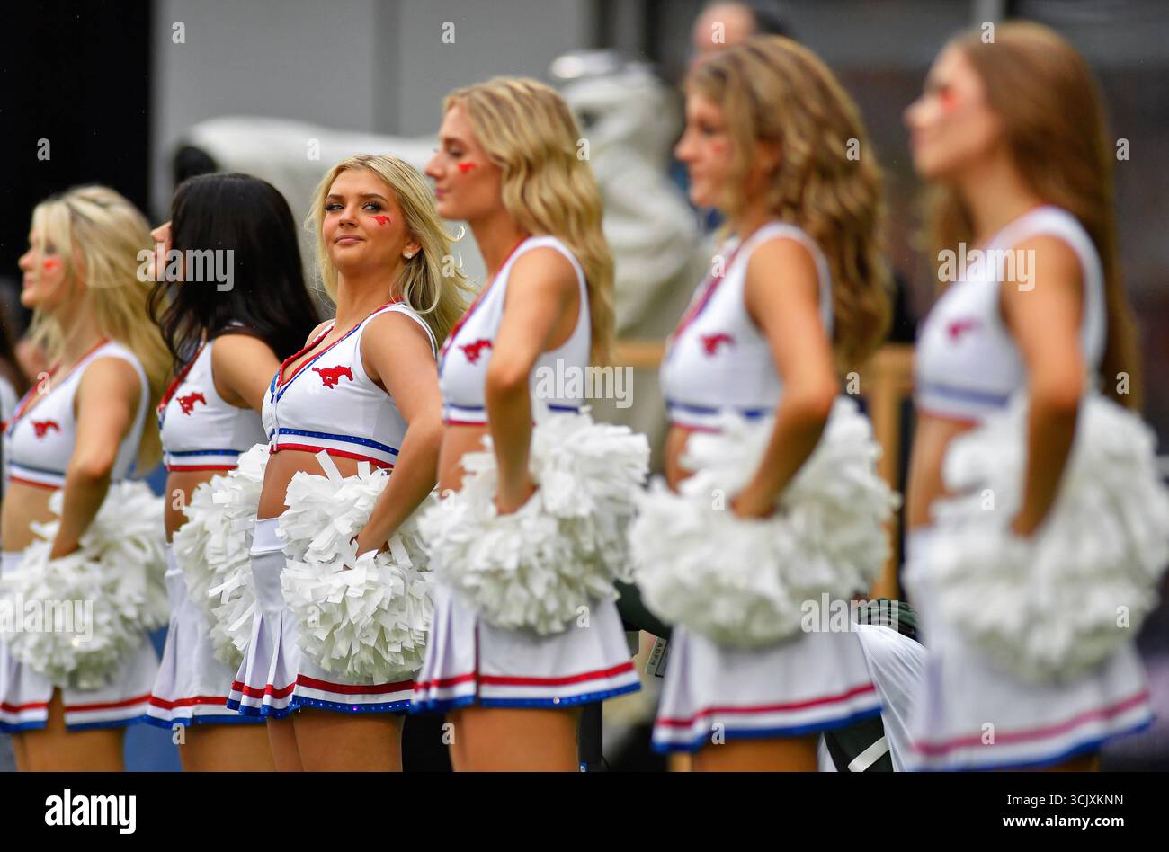 September 06, 2025: A member of the SMU Mustangs dance team watches ...