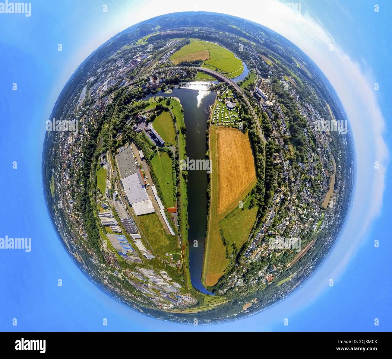 Aerial view, river Ruhr and Ruhr bridge with camping site, on the left ...