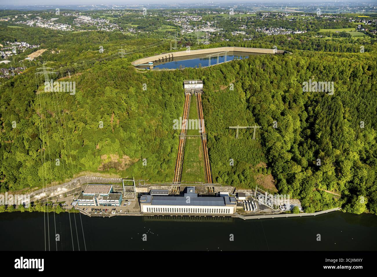 Aerial view, RWE pumped storage power plant Koepchenwerk at Hensteysee ...