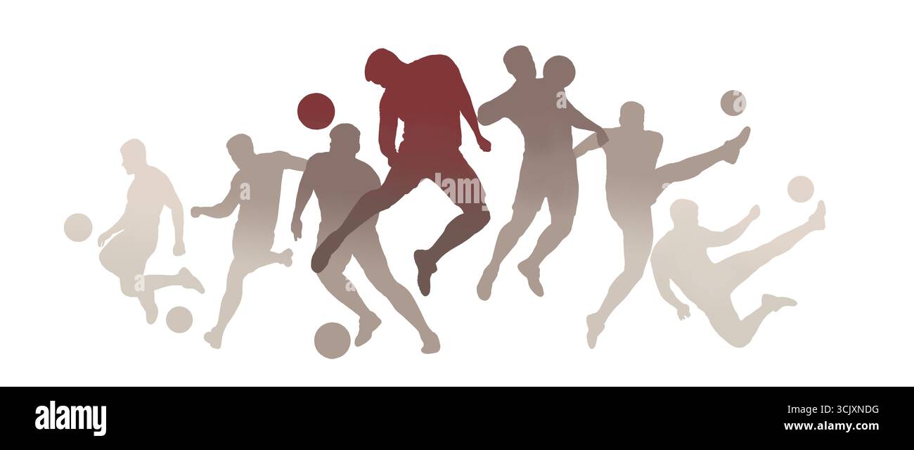 Composition of male soccer players silhouettes in multiple action poses ...