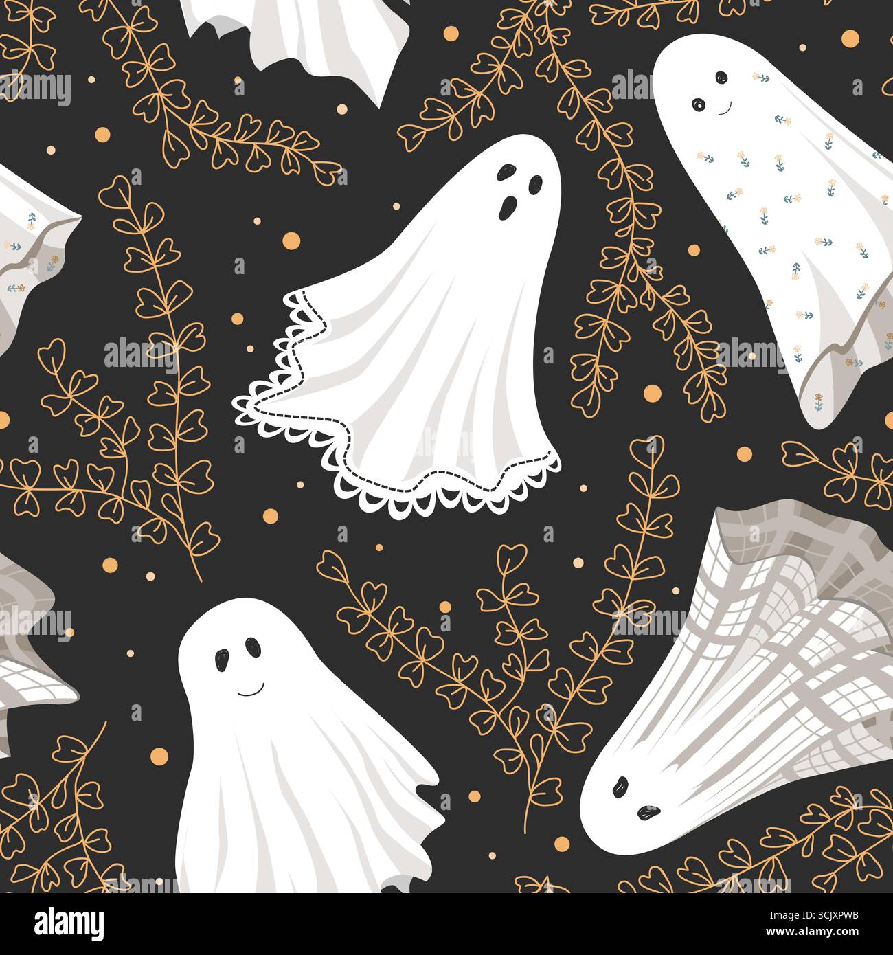 Floral hand drawn pattern with ghosts. Fall and Halloween background ...