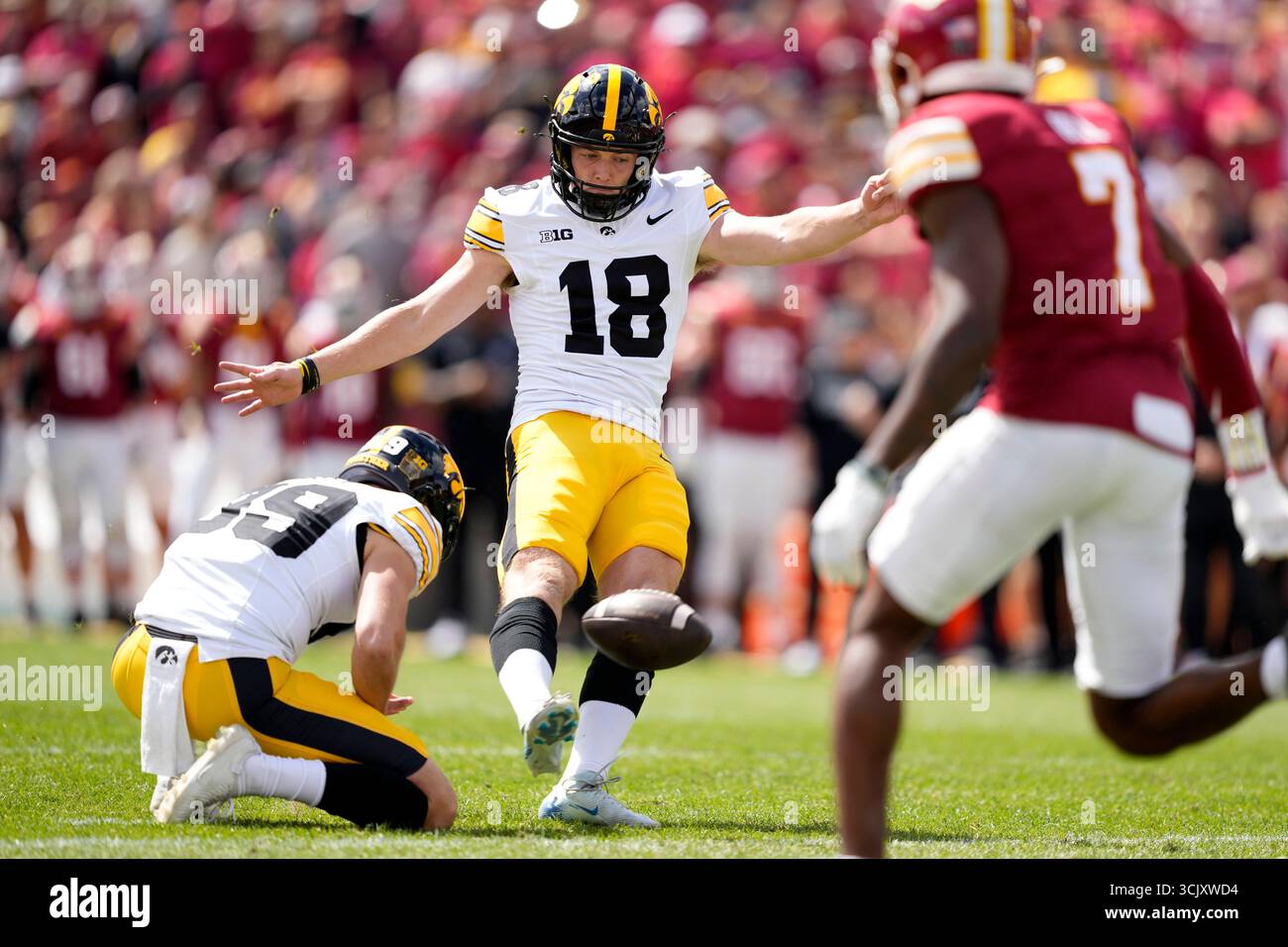 Iowa place kicker Drew Stevens (18) kicks a field goal during the ...