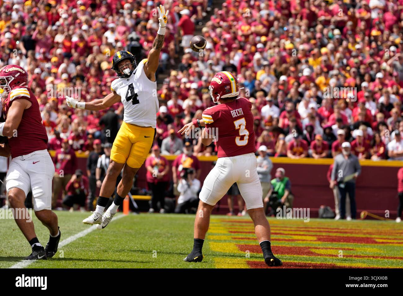 Iowa State quarterback Rocco Becht (3) throws a pass over Iowa ...