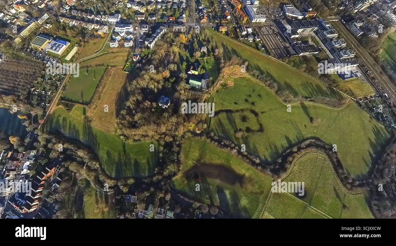 Aerial view, Haus Kentrop and Marker Allee, green meadows and fields in ...