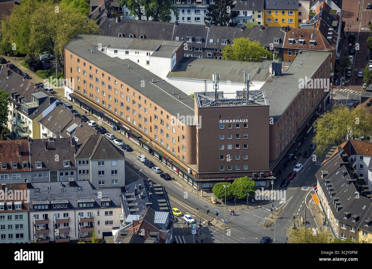 Aerial view, building complex Gemarhaus with shops and offices ...