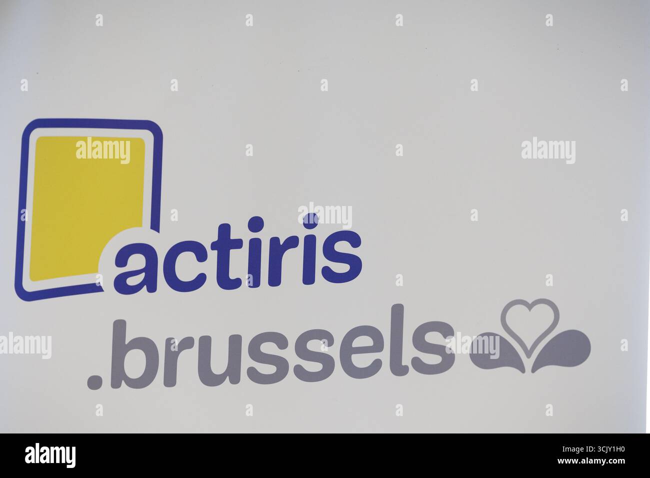 Illustration shows the Actiris logo in marge of a press conference of ...
