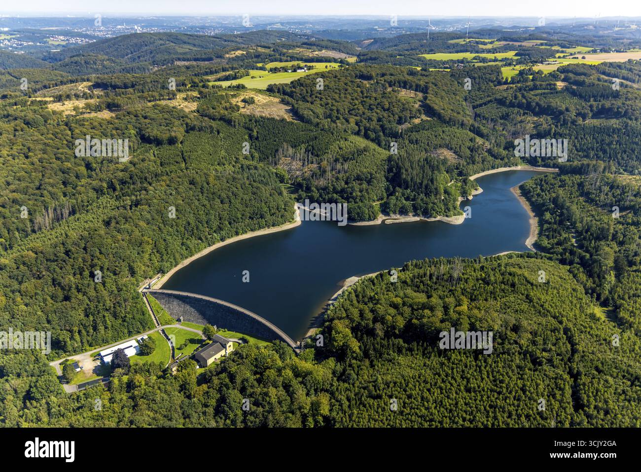 Aerial view, Hasper dam and dam wall in forest area, sight, Haspe ...