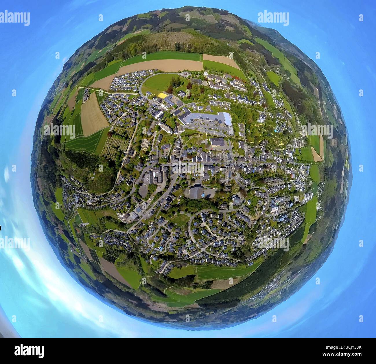 Aerial view, town view residential area centre town centre main street ...