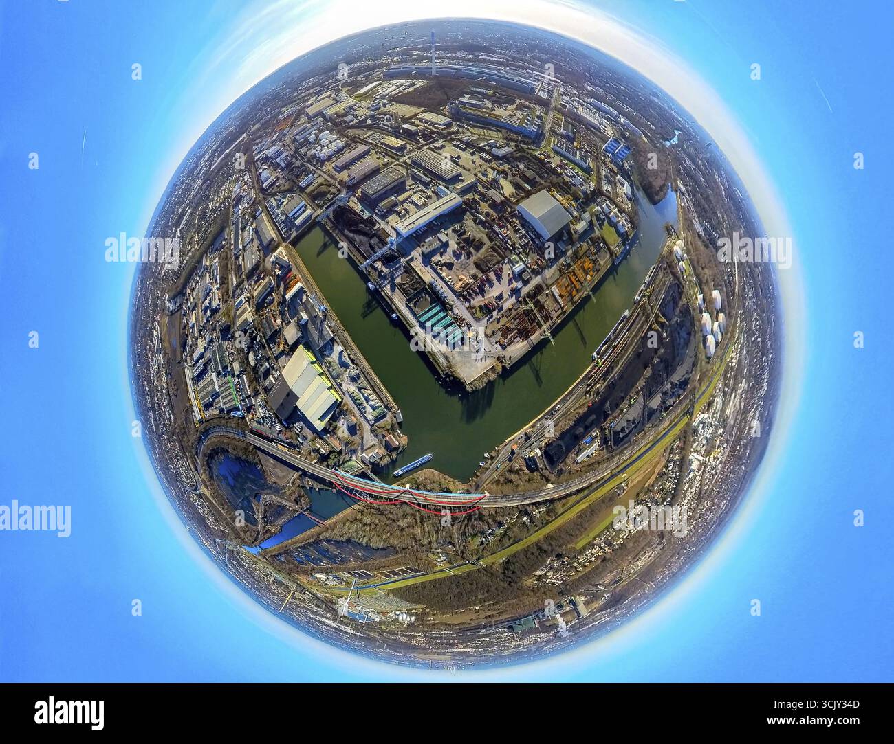 Aerial view, city harbour Essen and closed Rhine-Herne canal bridge ...
