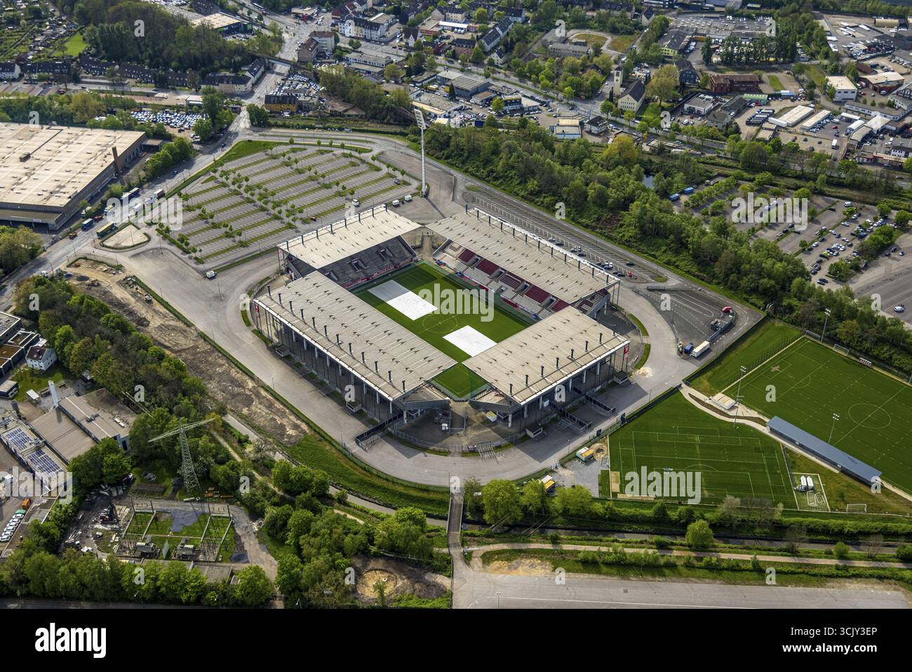 Aerial view, football stadium at the Hafenstrasse of the club Rot-Weiss ...