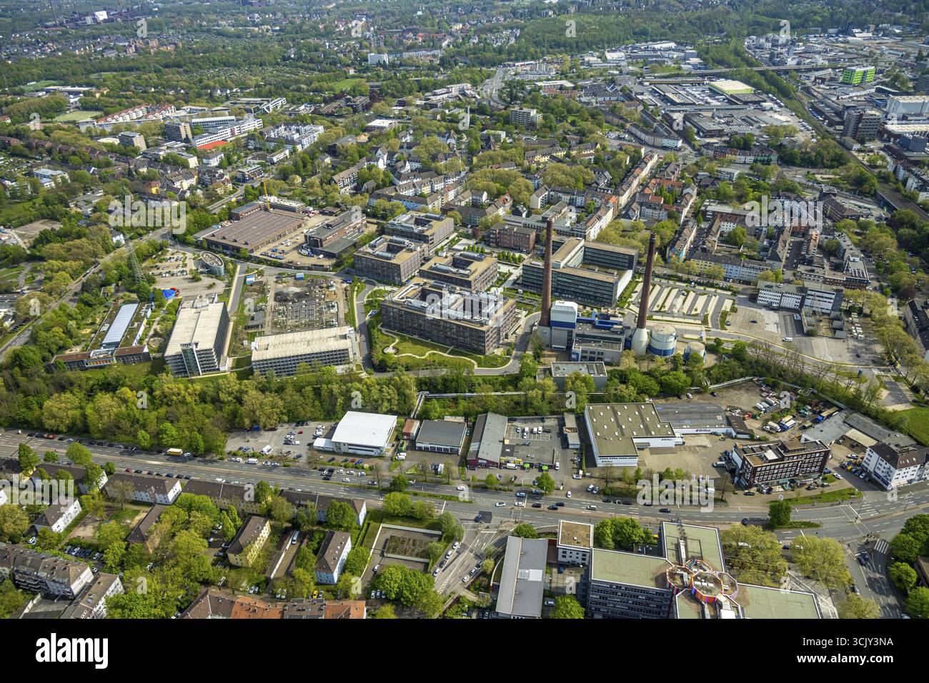 Aerial view, RWE AG at RWE Platz, Steag Heizwerk Essen and chimneys ...
