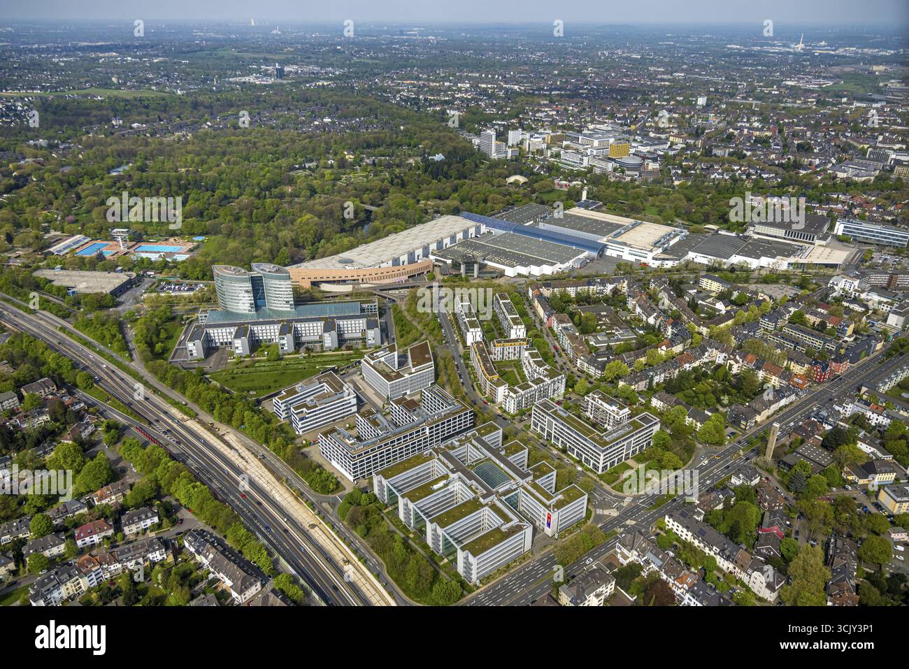 Aerial view, Messe Essen site, Eon headquarters and commercial area ...