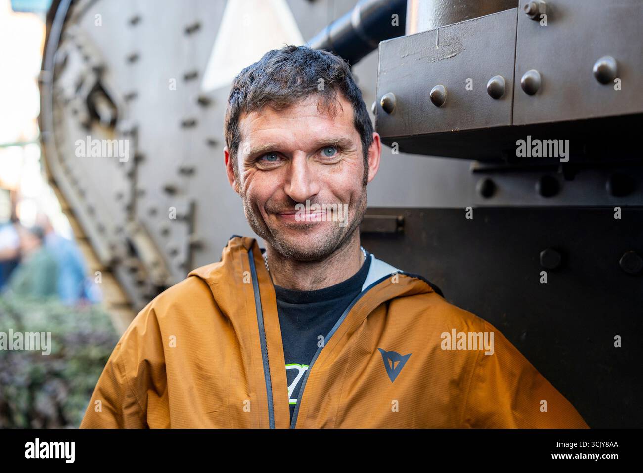 EDITORIAL USE ONLY Television personality Guy Martin, with his replica ...