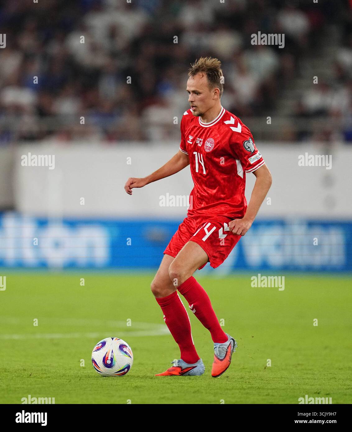 September 08 2025: Mikkel Damsgaard of Denmark controls the ball during ...