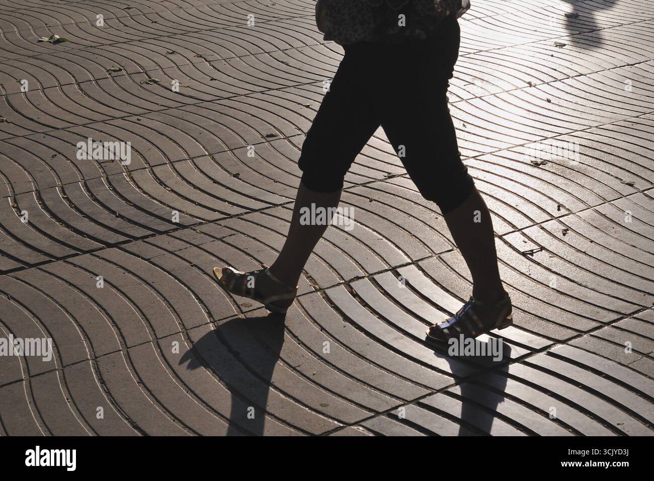Wave pattern tiled pavement of famous La Rambla street in Barcelona ...