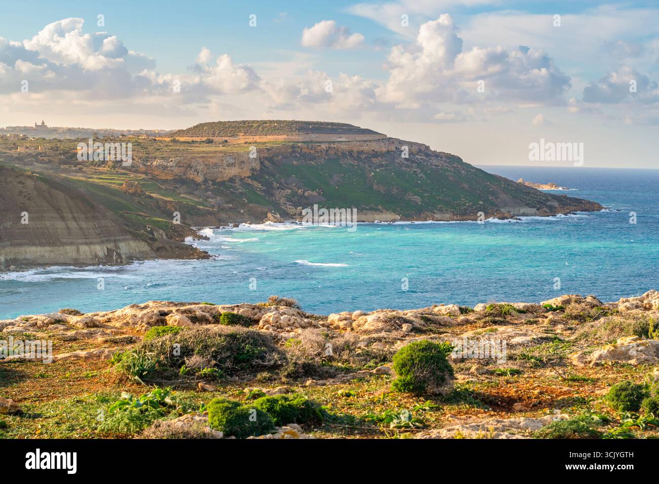 Beautiful view of Gozo coast seen from Ghar Mixta Cave, Malta Stock ...