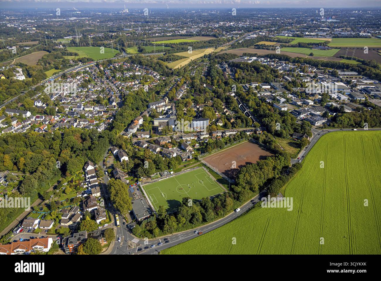 Aerial view, football stadium SV Leithe 19/65 e.V. grass pitch and ...
