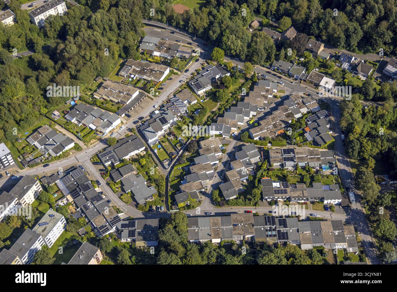 Aerial view, housing estate and residential area with terraced houses ...