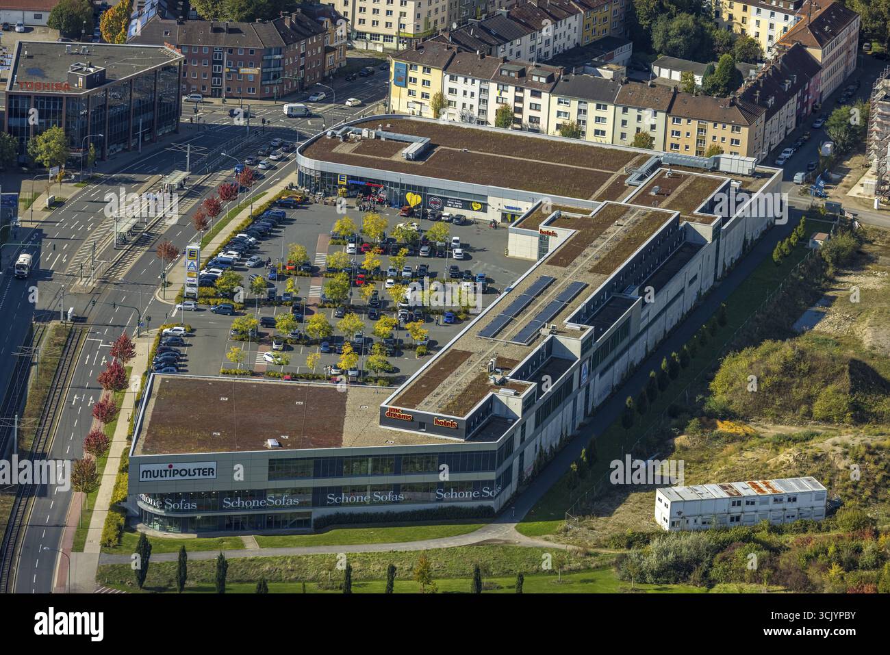 Aerial view, shopping centre with Aldi supermarket and Edeka ...