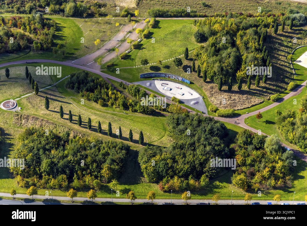 Aerial view, skate park, row of trees and gardens in Krupp Park ...