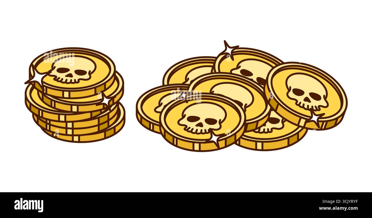 Cartoon groovy corsair and pirate gold coins of treasure, vector symbol ...