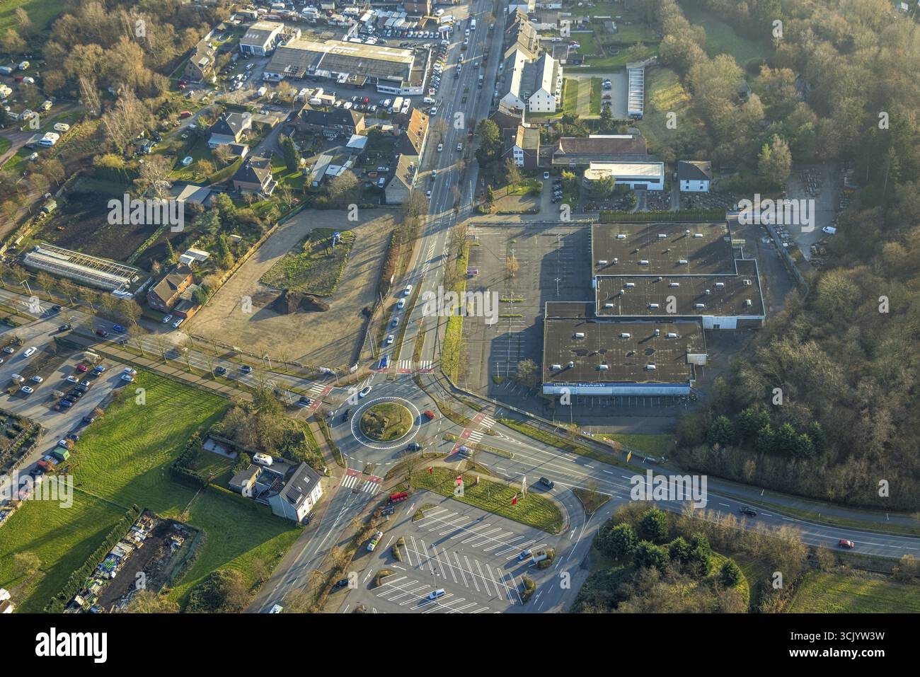 Aerial view, Muensterstrasse federal road B63 with roundabout ...