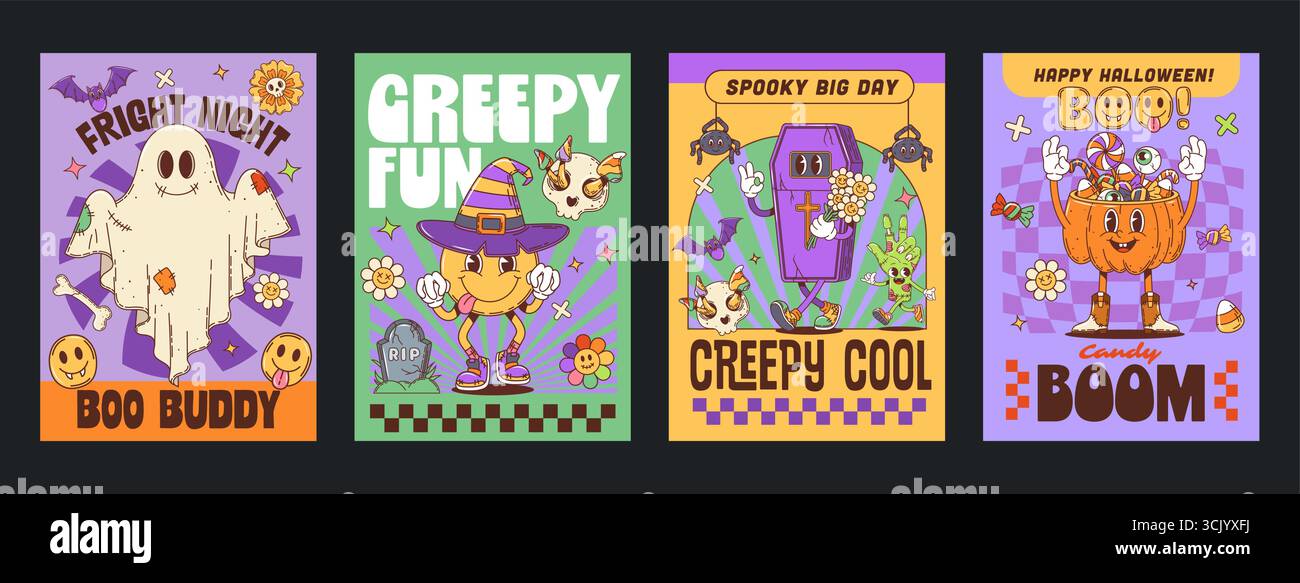 Groovy Halloween creepy and scary characters posters. Cartoon retro ...