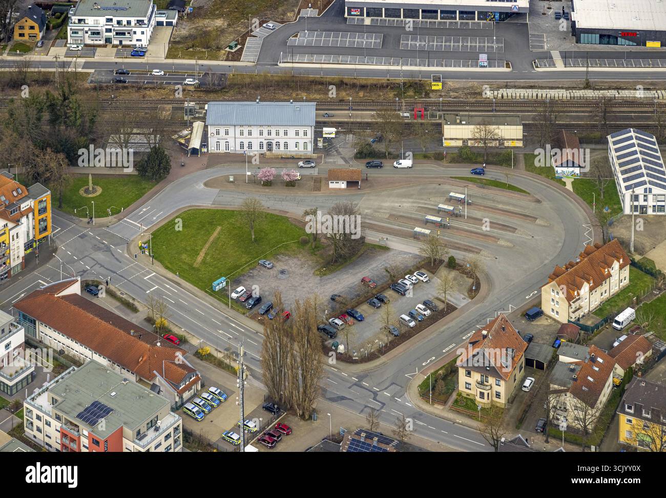 Aerial view, Werl main station, station building with station forecourt ...