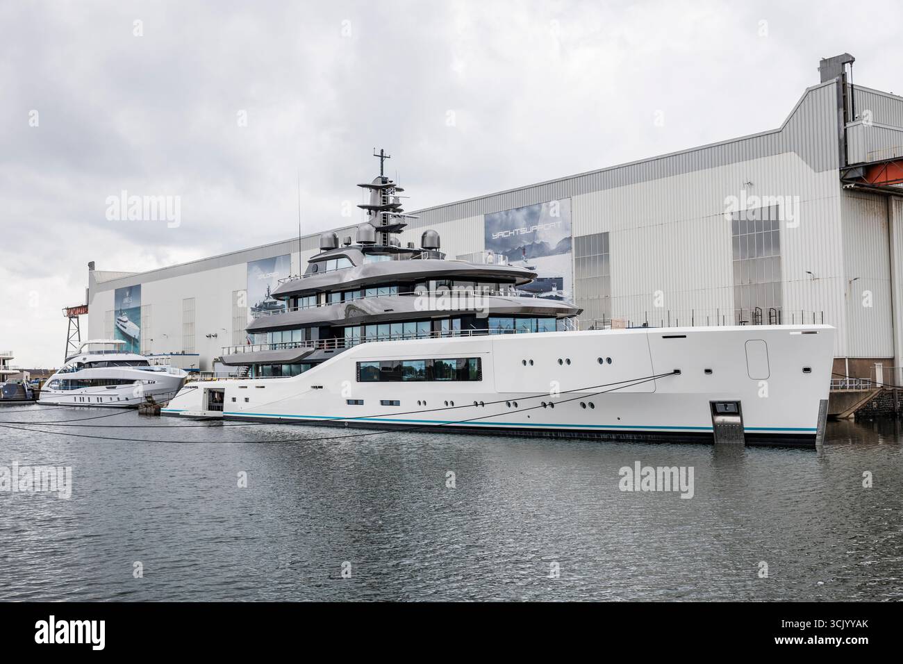 the luxury superyacht Amels 80 moored at the Damen Yachting shipyard in ...
