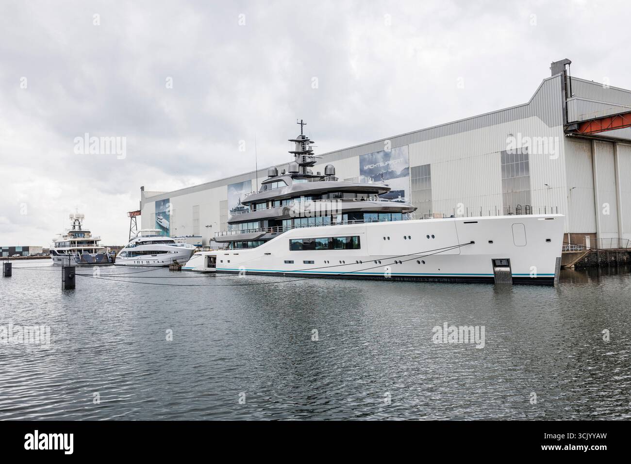 the luxury superyacht Amels 80 moored at the Damen Yachting shipyard in ...